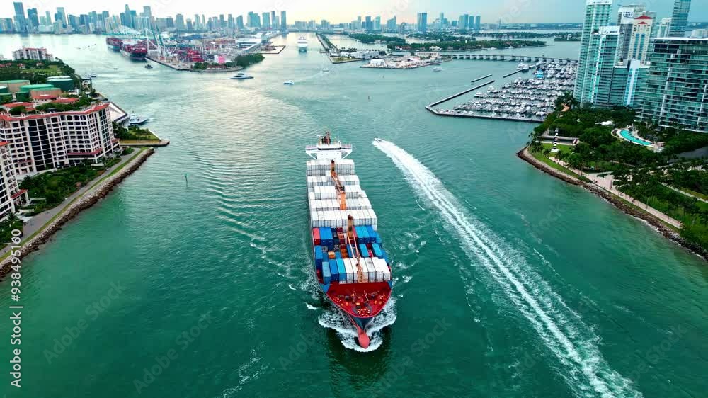 Cargo ship with container in Miami, drone view. Freight container ...