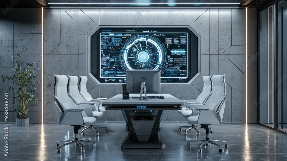 Dispetcher room with white chairs and an LED screen on wall, gray walls ...