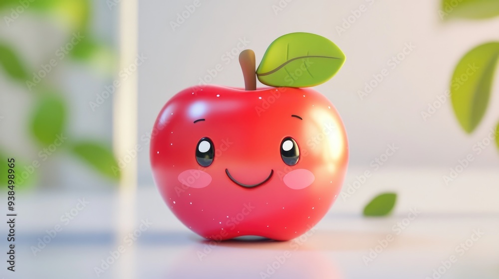 Vibrant 3D adorable cartoon apple with a bright red hue and a cute ...