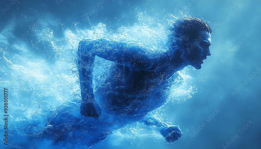The human body shape of a running man filled with blue water on a blue ...