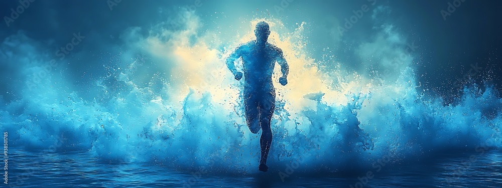 The human body shape of a running man filled with blue water on a blue ...