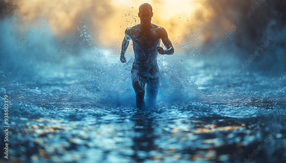 The human body shape of a running man filled with blue water on a blue ...