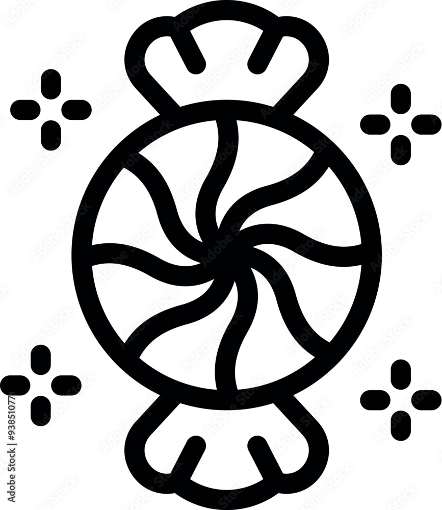 Simple vector line art icon of a round peppermint candy wrapped in ...