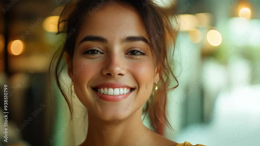 woman with beautiful smile clean white teeth with bokeh light ...