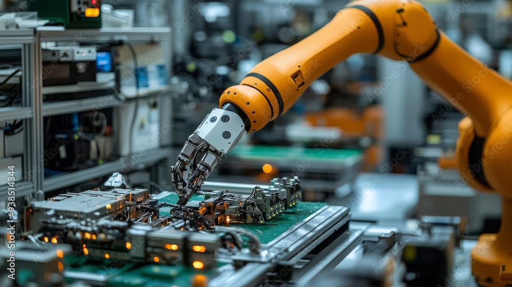 An AI-powered robotic arm assembling a complex piece of machinery with ...