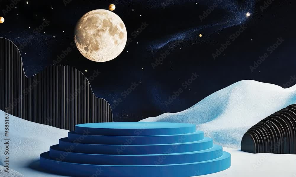 2D cartoon style blue showcase stage featuring a minimal podium display ...
