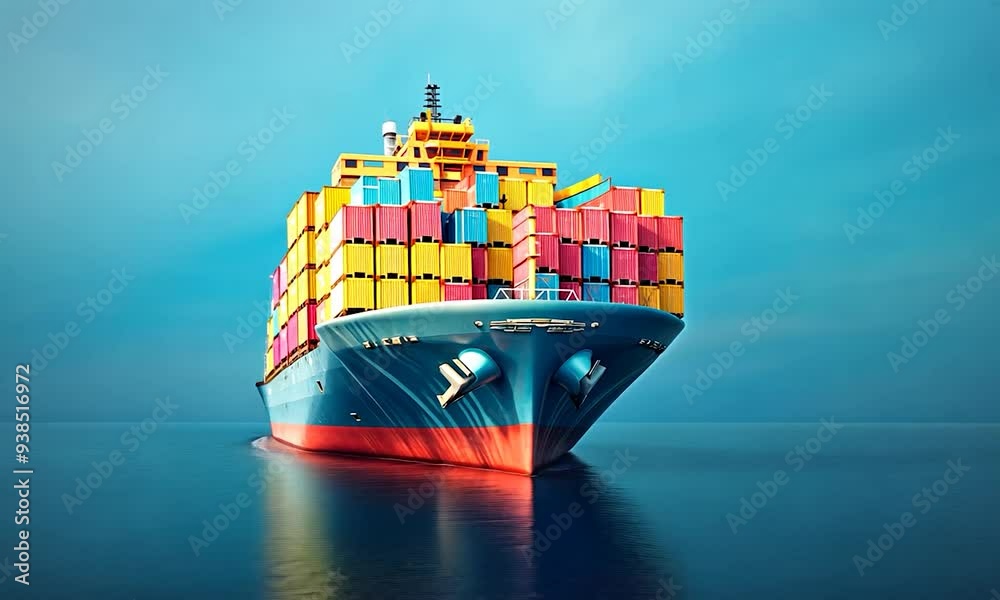 2D cartoon style cargo ship carrying containers in ocean transportation ...