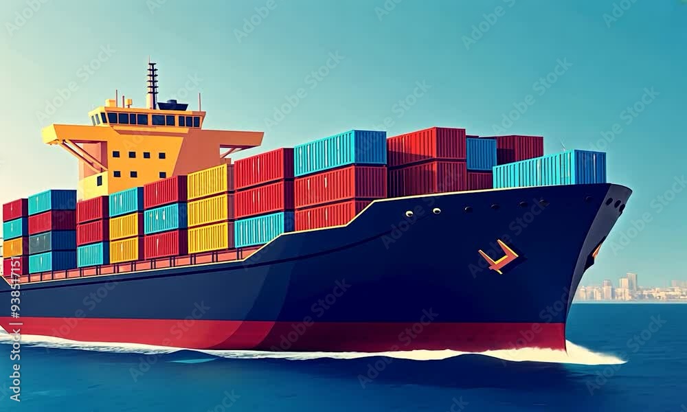 2D cartoon style cargo ship with containers in the ocean set against a ...