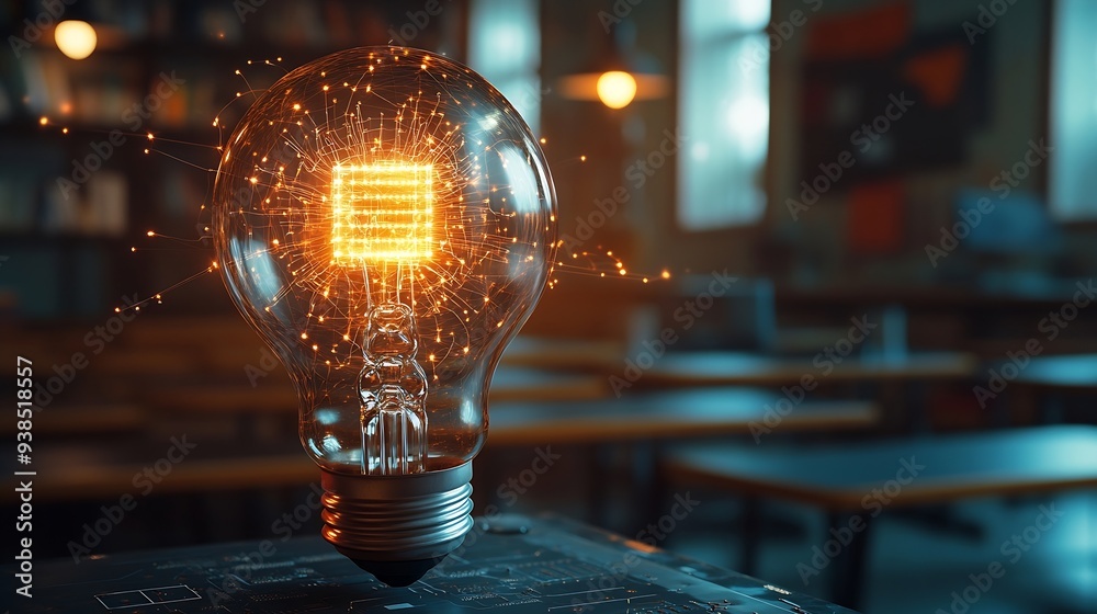 Virtual creative light bulb with chip hologram on empty classroom background artificial ...