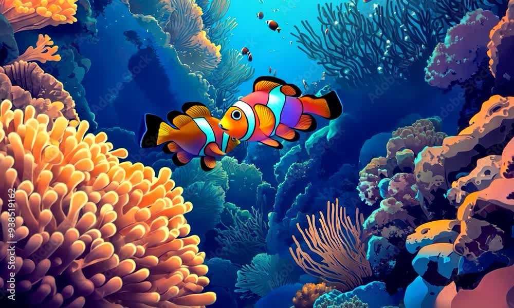 2D cartoon style clownfish in an anemone amidst a vibrant coral reef A ...