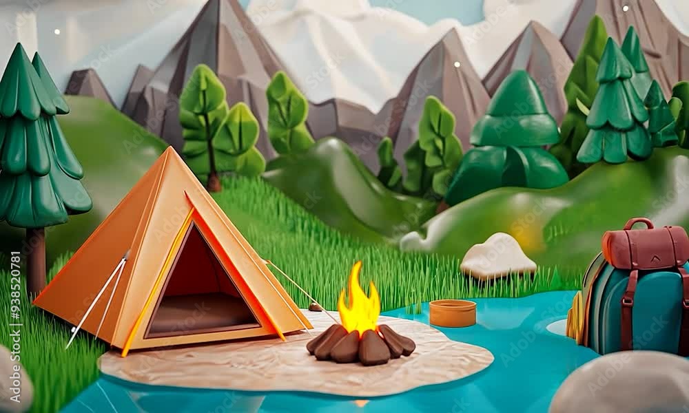 2D cartoon style depiction of a tourist camp featuring a tent campfire ...