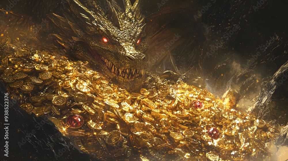Dragon Guarding Gold Treasure. Stock Illustration | Adobe Stock