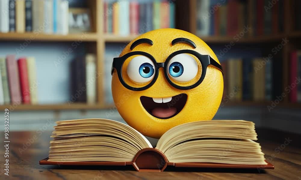 2D cartoon style emoticon face immersed in reading a book 2D rendering ...