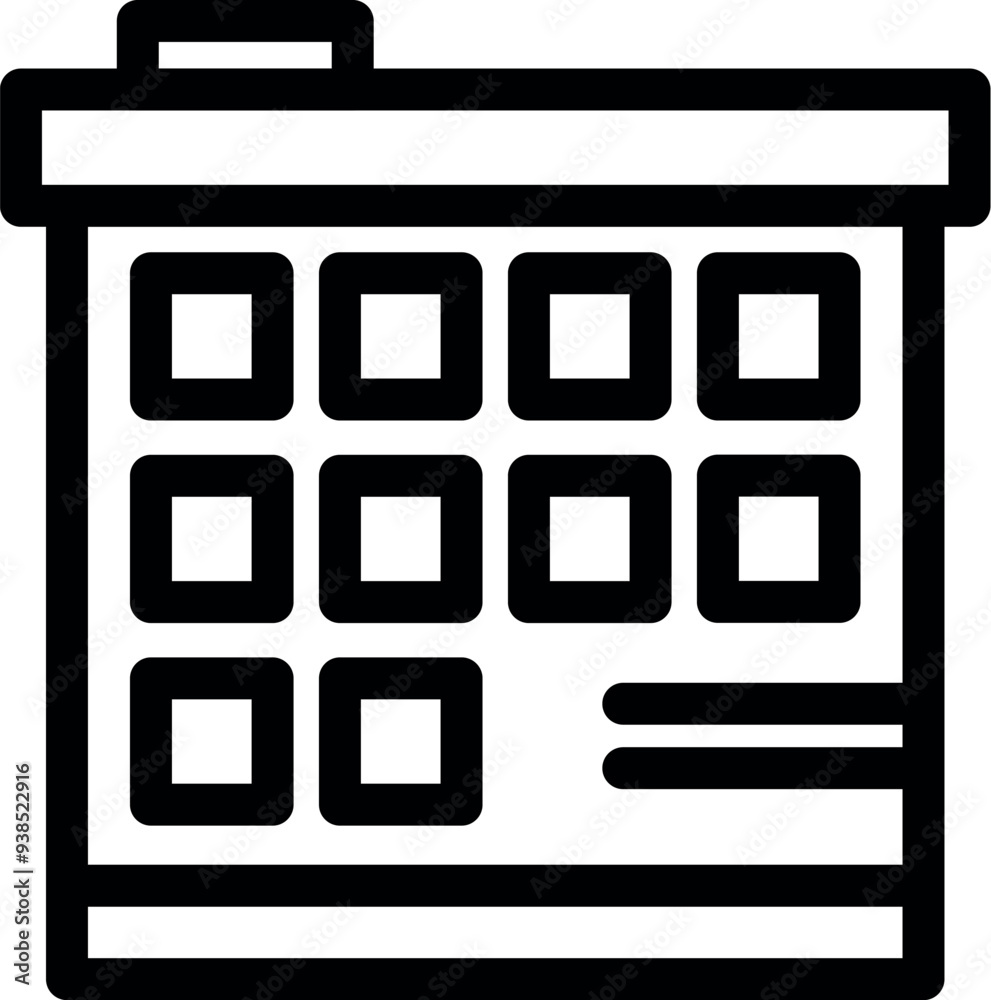 Simple black and white icon of a calendar page showing a month with ...