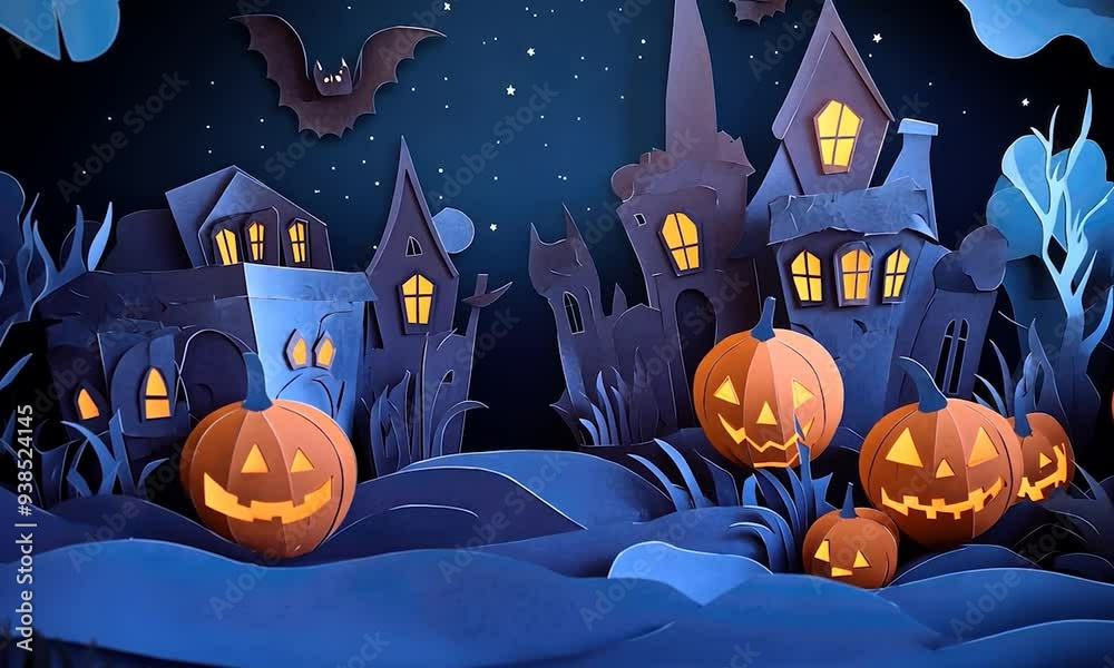 2D cartoon style Halloween backdrop featuring handmade paper cutouts on ...