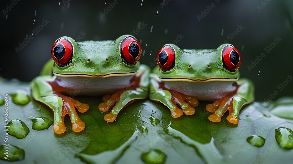 Front close up view of two funny red-eyed tree frogs (Agalychnis ...