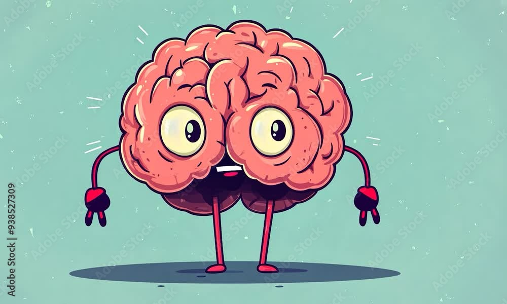 2D cartoon style illustration of a brain character with half of its ...