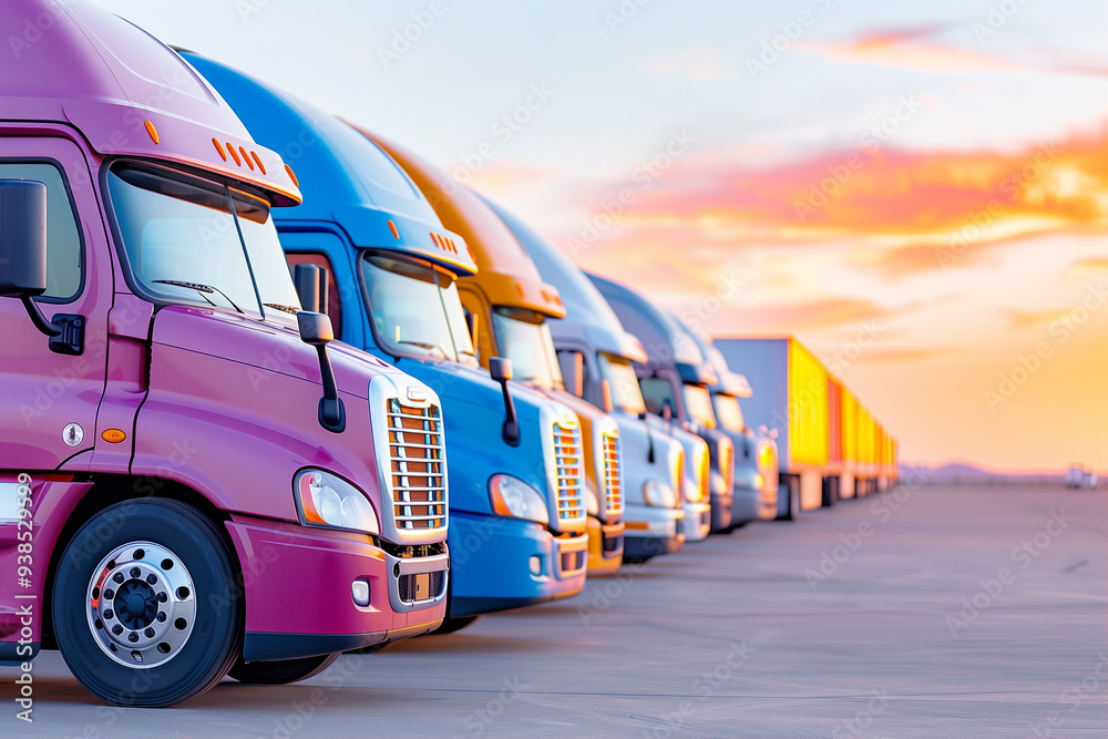 Trucks in a Row at Sunset. Colorful Freight Trucks and Transportation ...