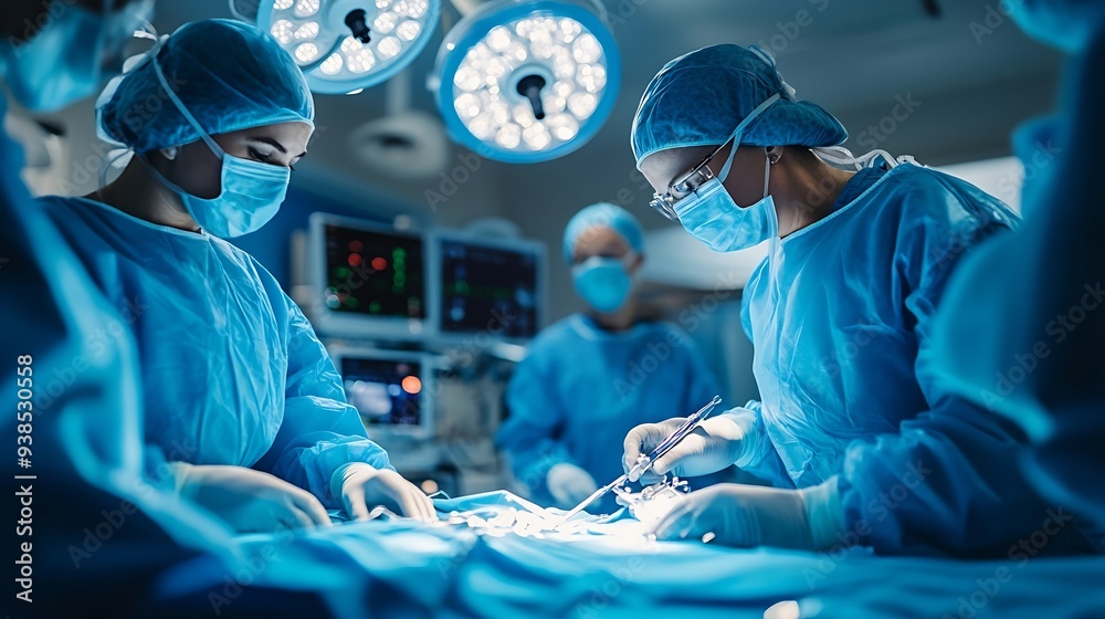 Team of doctor or surgeon and nurse in blue gown inside operating room ...