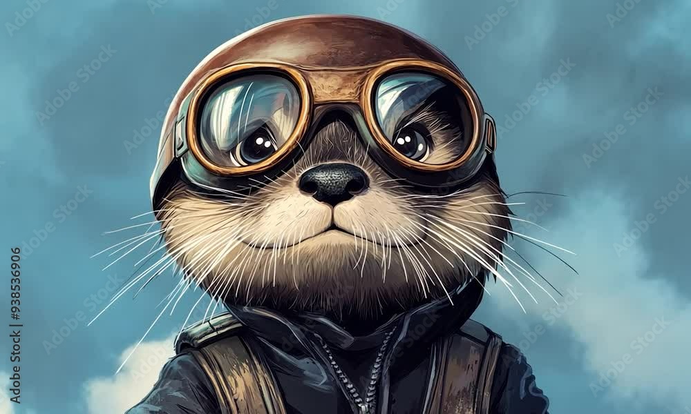 2D cartoon style portrait of an adorable otter wearing a flying leather ...