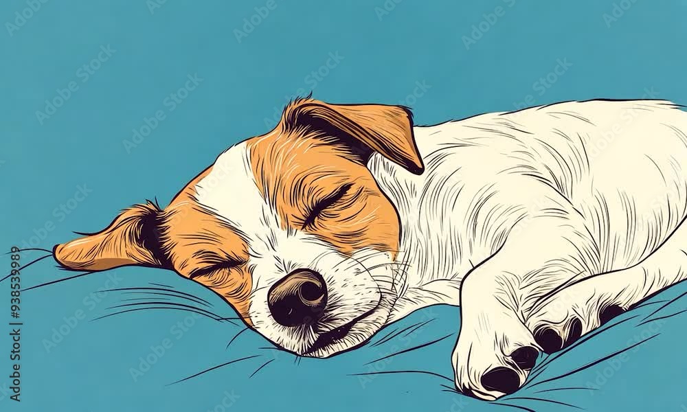 2D cartoon style sketch of an adorable dog peacefully sleeping on a bed ...