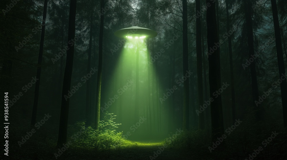 A high-contrast image depicting a UFO flying over a dense forest at ...