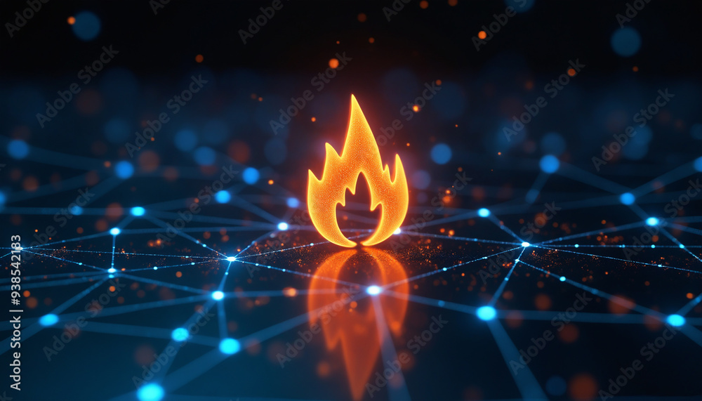 Digital Flame Icon with Network Integration: A digital flame icon ...