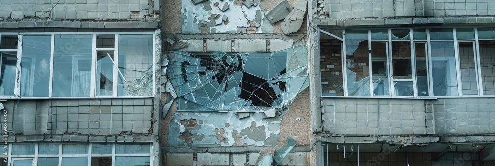 Damaged residential structure featuring broken windows with sharp glass ...