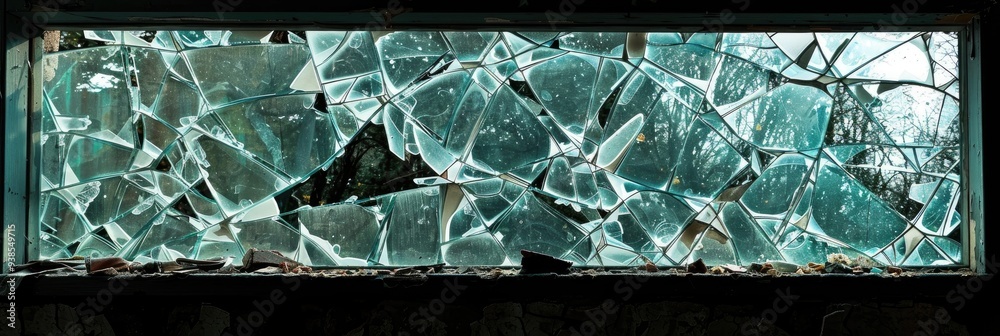 Daytime perspective of broken glass within an open window of a deserted ...