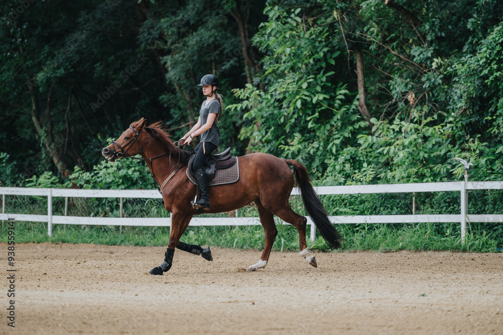 Girl confidently riding horse at ranch, highlighting equestrian skills ...