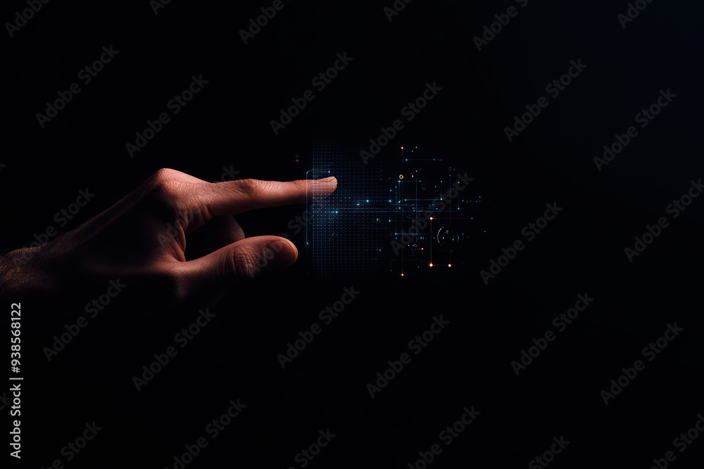 Hand typing into a virtual search bar with futuristic overlays and ...