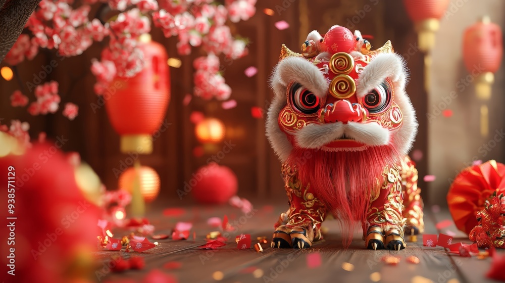 5. Chinese New Year scene, red and gold background with dragon and lion ...