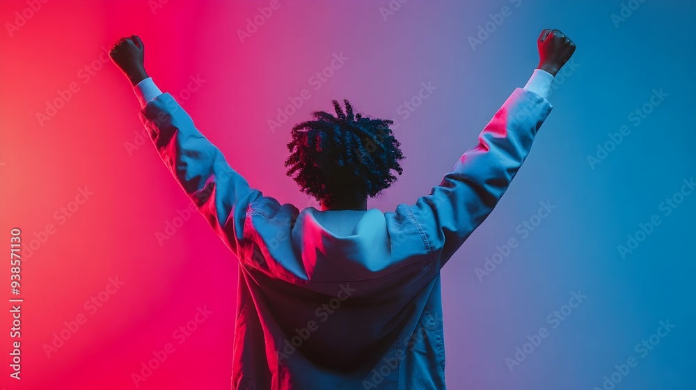Photograph of a person doing a victory pose with both arms raised up in ...