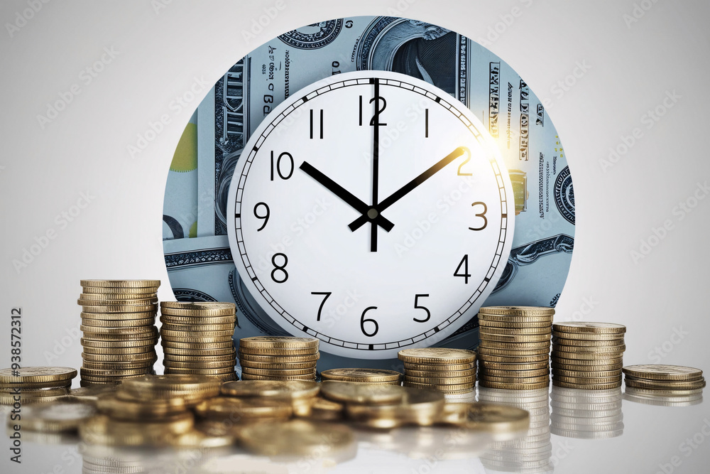 Time is money concept, Stack of money with a clock showing value of ...