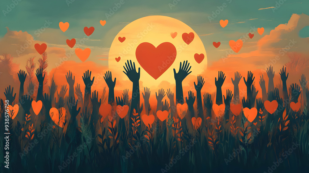 Silhouettes of people with hands raised, reaching for a large heart ...