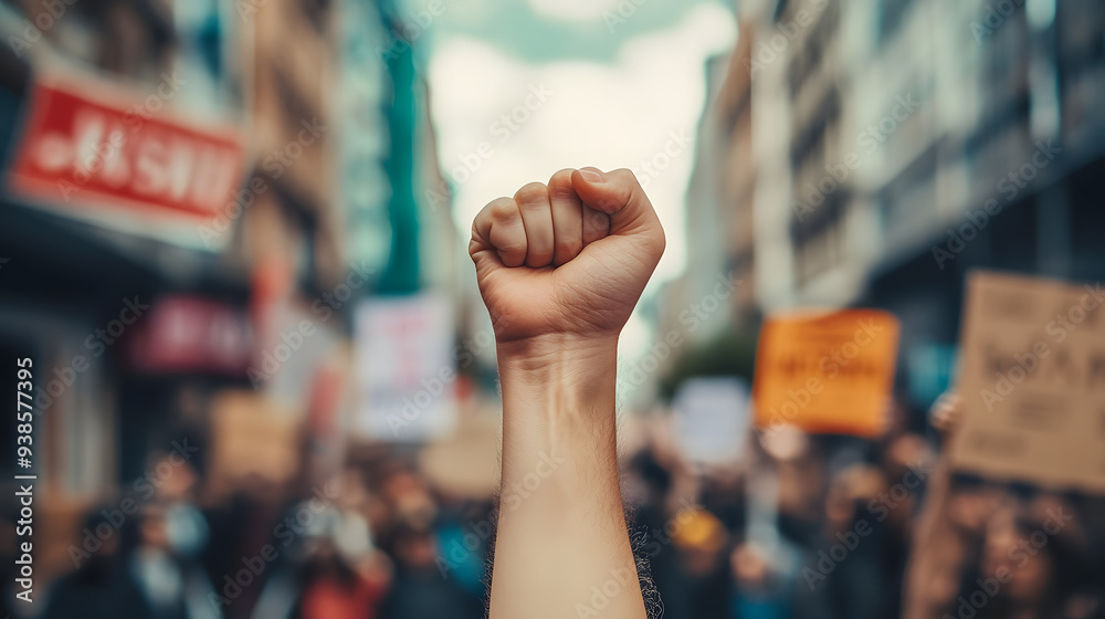 clenched fist raised in the air during a powerful protest, with signs ...