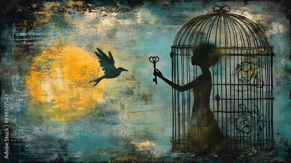 person trapped in a cage of fate, with a key to freedom held by a ...