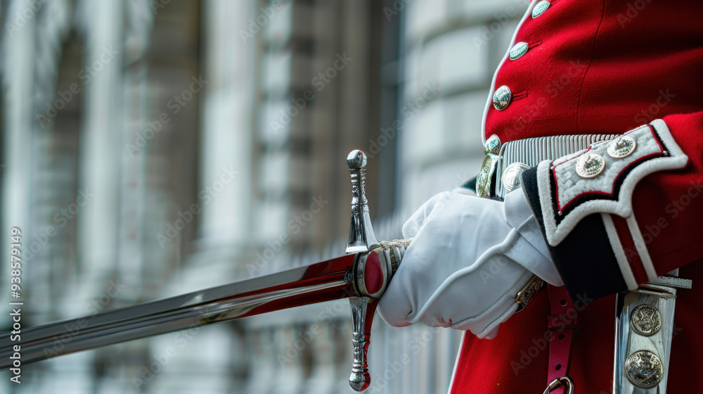 The guard of the British queen's palace in London, holding his sword ...