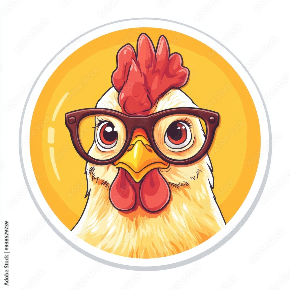 Sticker of a chicken wearing cat-eye glasses in circle shape, cute ...