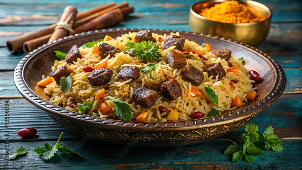 Delicious and aromatic kabuli pulao served in a traditional Afghan dish ...