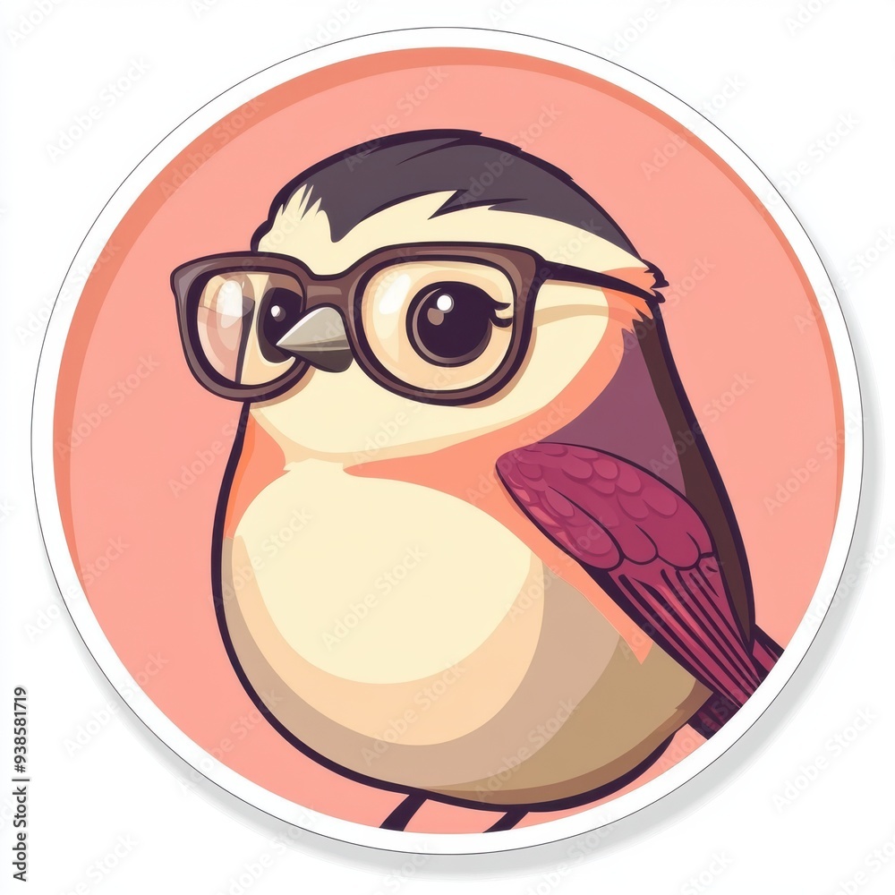 Sticker of a finch wearing retro brown glasses in circle shape, cute ...