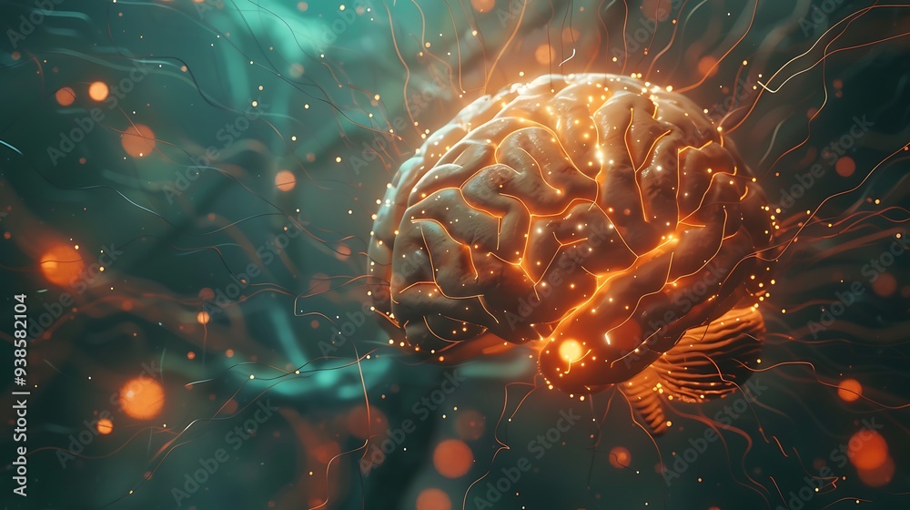 Glowing human brain, possibly a neural network, with sparks and lines representing connections ...