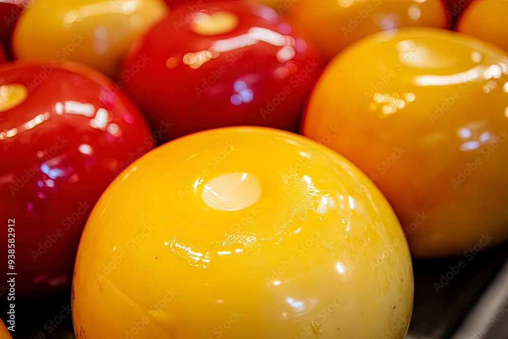 Round ball Edam cheese on market stall, Edammer kaas with a pale yellow ...