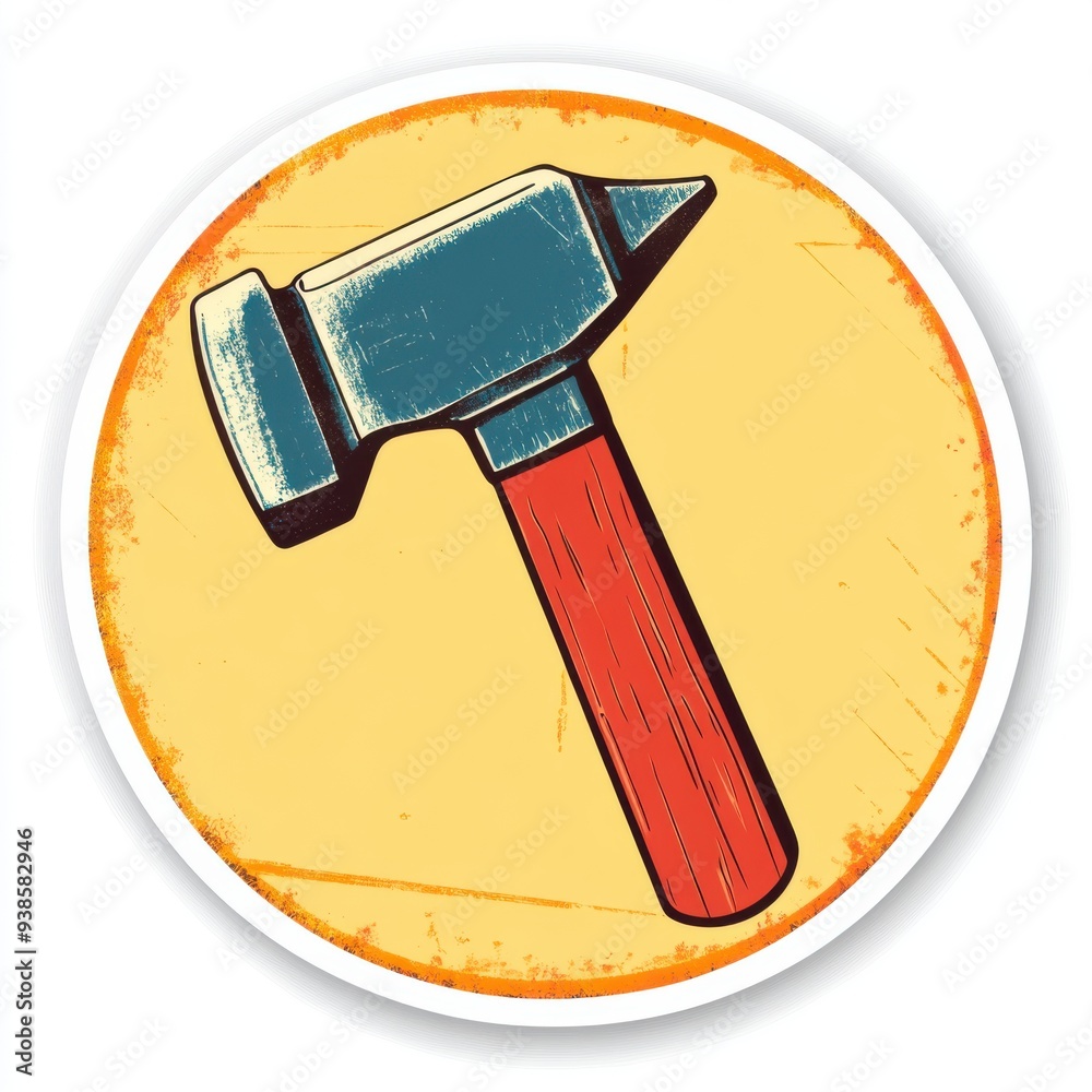 Sticker of a hammer in circle shape, flat vector illustration, on white ...