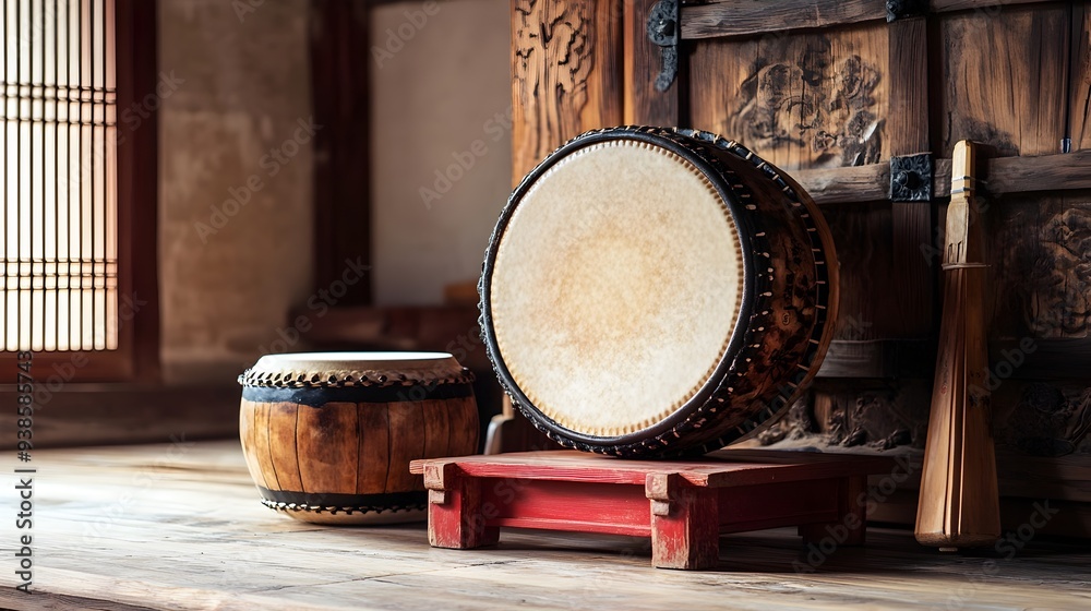 Vibrant display of traditional Korean drums and musical instruments ...