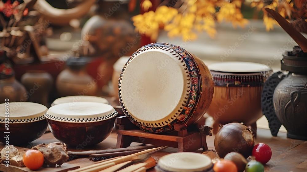 Traditional Korean drums gongs and other musical instruments used ...