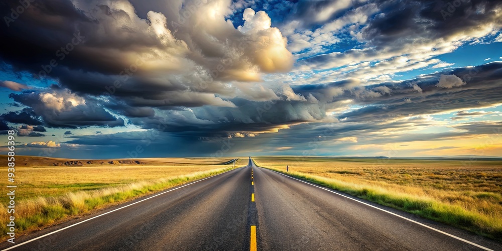 Empty asphalt highway through plains landscape leading to the horizon ...