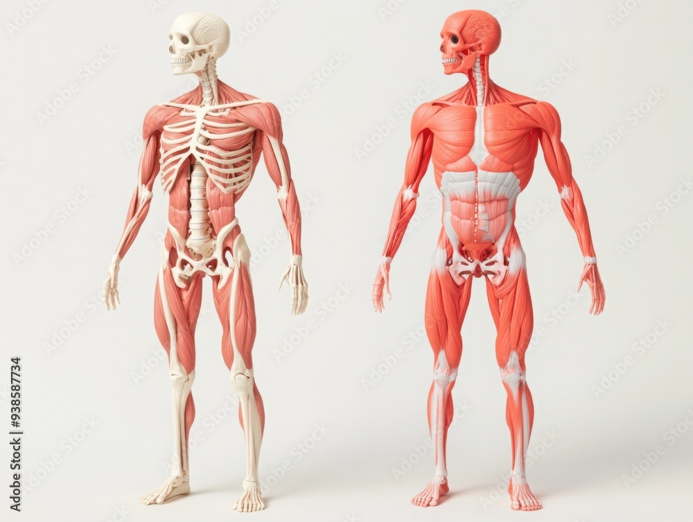 Skeletal and muscular system comparison, side-by-side view, 3D ...