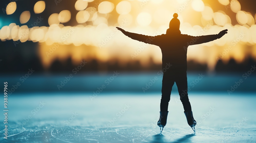 Ice skater landing a perfect quadruple jump, crowd on its feet ...