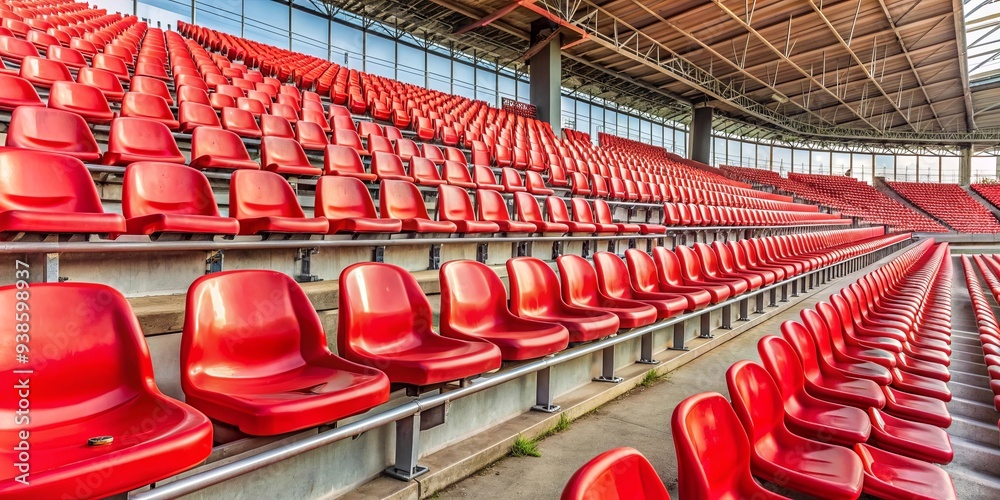 Football stadium with empty red plastic chair among rows of unoccupied ...